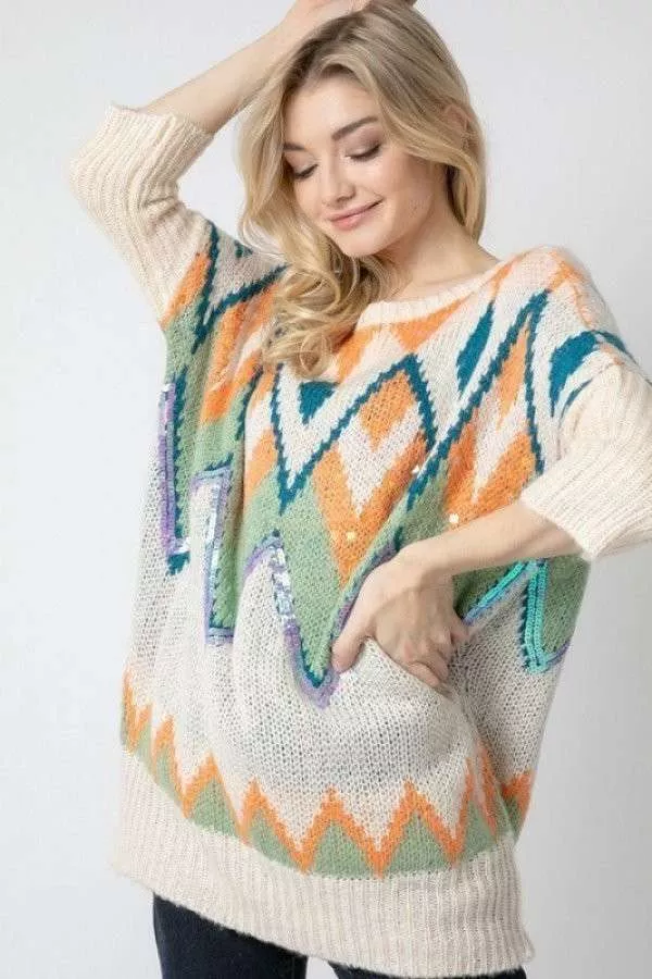 Aztec Pattern With Glitter Accent Sweater - Davi & Dani