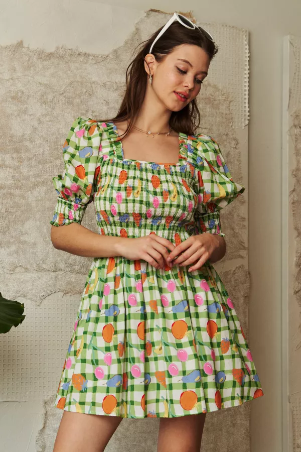 Hand Drawing Checker Fruits Printed Puff Minidress - Davi & Dani