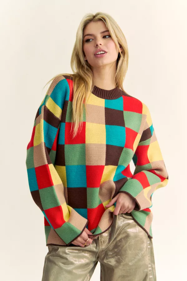 Multi Color Blocked Checker Pullover Sweater Top - Davi & Dani