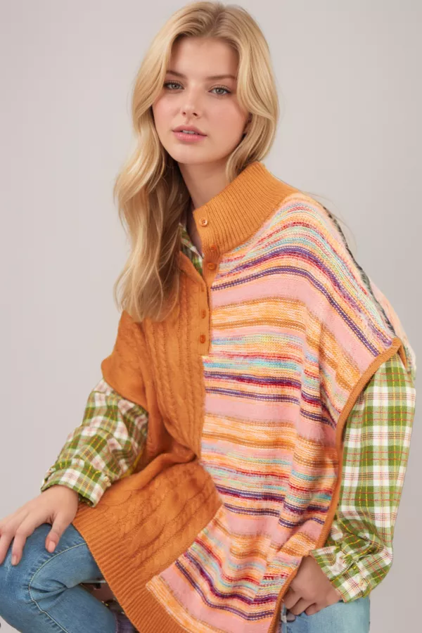 Mixed Texture Multi Stripe Half Cable Knit - Davi & Dani