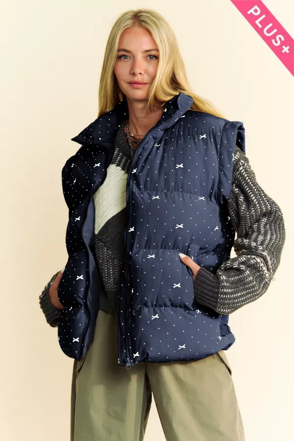 Plus Ribbon Bow Puffer Zip Up Down Vest Jacket - Davi & Dani
