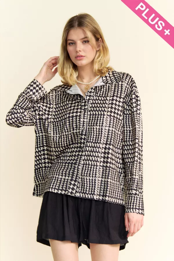 Plus Aztec Long Sleeve Button Down Shirt Shacket - Davi & Dani