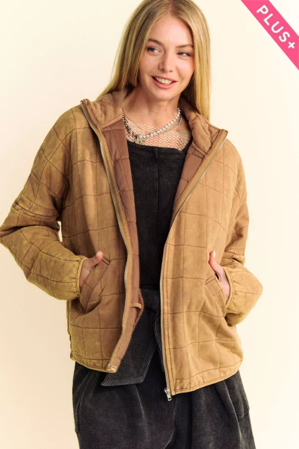 Plus Washed Soft Compy Quilting Zip Closure Jacket - Davi & Dani
