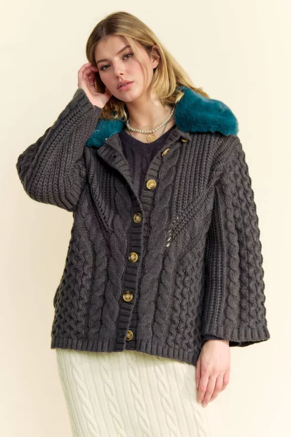 Fluffy Cable Knit Vintage Front Button Cardigan - Davi & Dani