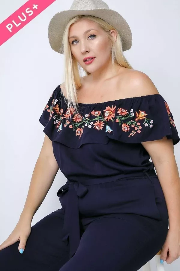 Plus Size Floral Embroidered Off Shoulder Jumpsuit - Davi & Dani