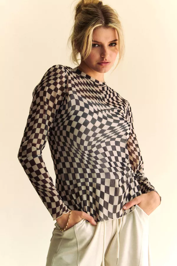 Checker Board Mesh Long Sleeve Layering Top - Davi & Dani