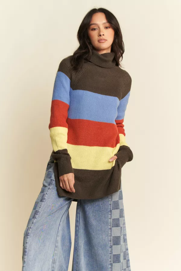 Color Block Stripe Turtleneck Cozy Knit Sweater - Davi & Dani