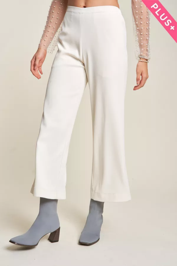Plus Solid Wide Legged Mid Rise Pull Up Pant - Davi & Dani