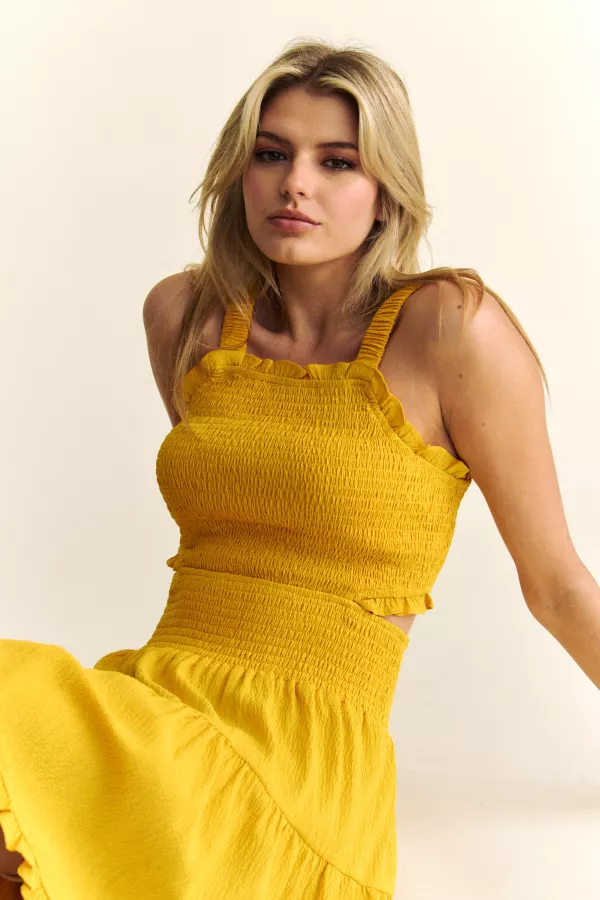 Textured Open Back Smocking Cut Out Mini Dress - Davi & Dani