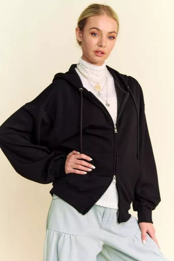 Solid Zip Up Drawstring Oversized Hoodie Jacket - Davi & Dani