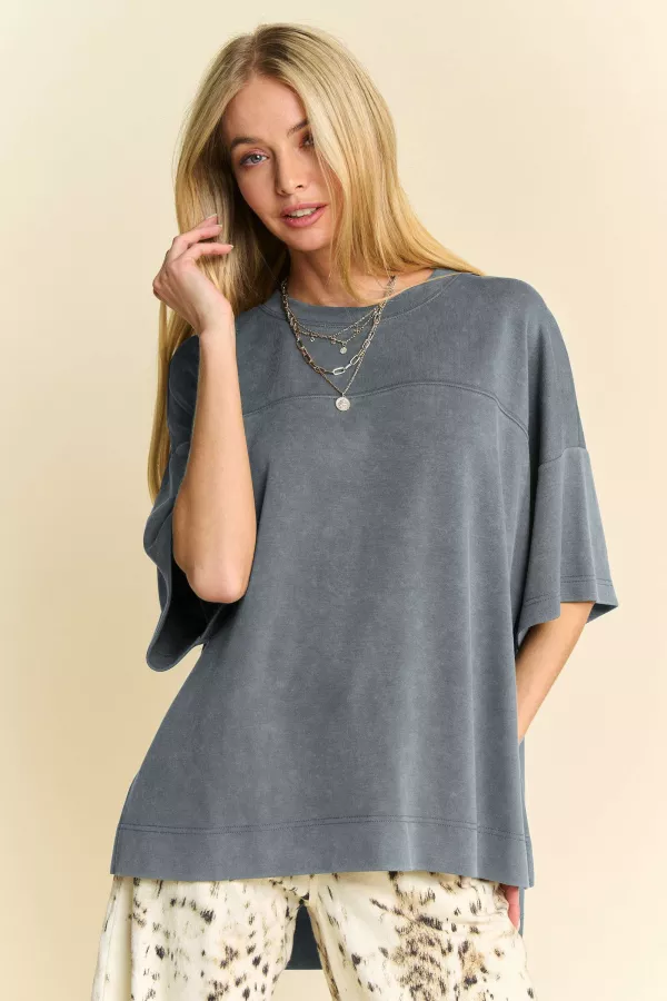 Washed Crew Neck Dropped Dolman Sleeves Top - Davi & Dani