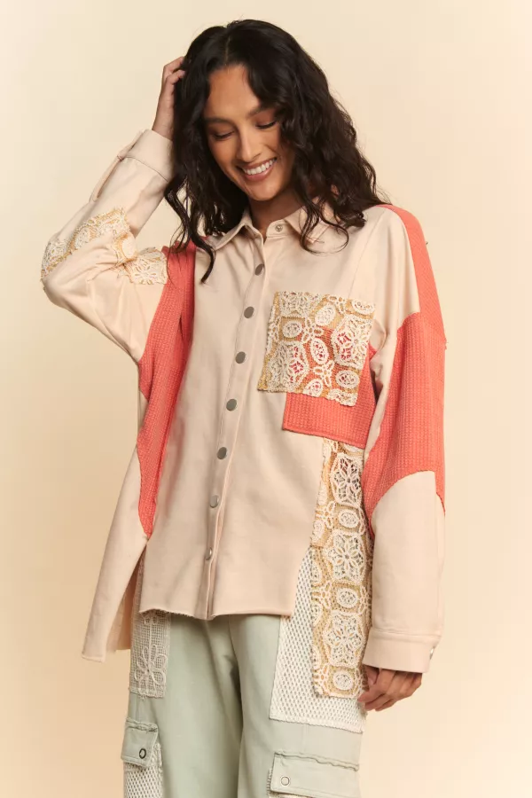 Oversized Button Down Patchwork Shacket Jacket - Davi & Dani