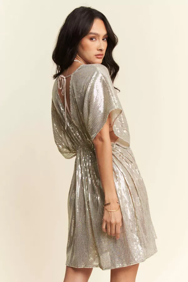 Sequin Plunge Neck Knot Cut Out Tie Back Party Top - Davi & Dani