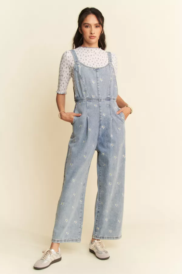 Daisy Embroidered Side Pocket Denim Overalls - Davi & Dani