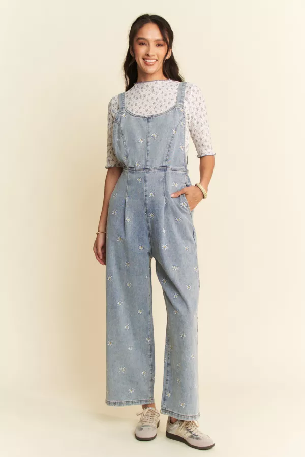 Plus Daisy Embroidered Side Pocket Denim Overalls - Davi & Dani