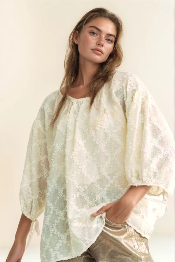 Solid Mesh Round Neck Self Tie Bell Sleeves Top - Davi & Dani