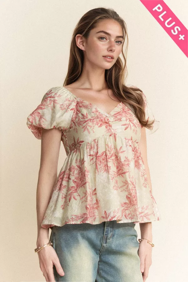 Plus Notch Collar Font Slit Floral Printed Blouse - Davi & Dani