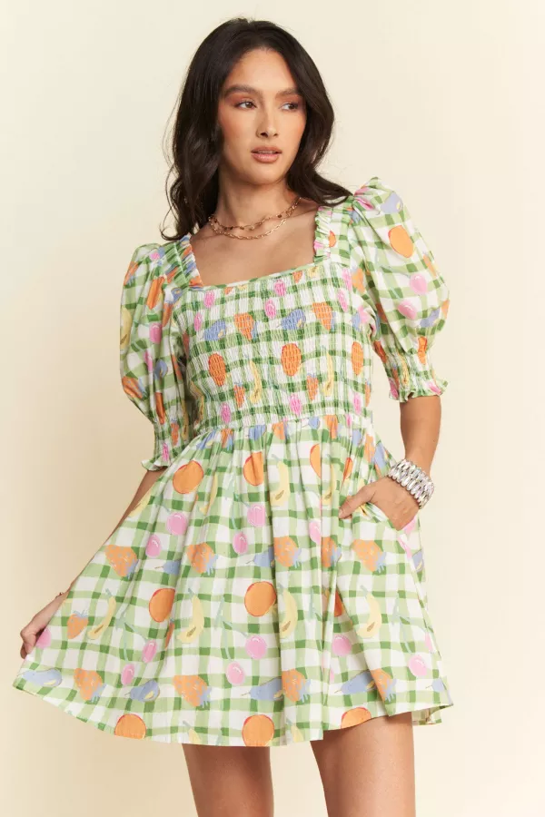 Hand Drawing Checker Fruits Printed Puff Minidress - Davi & Dani