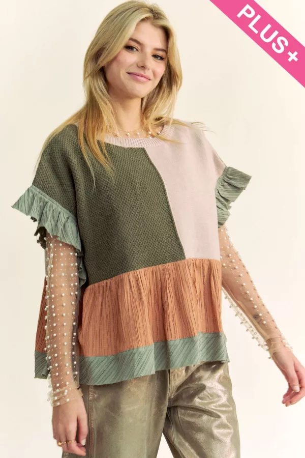 Plus Sweater Mix Patchwork Textured Ruffle Top - Davi & Dani