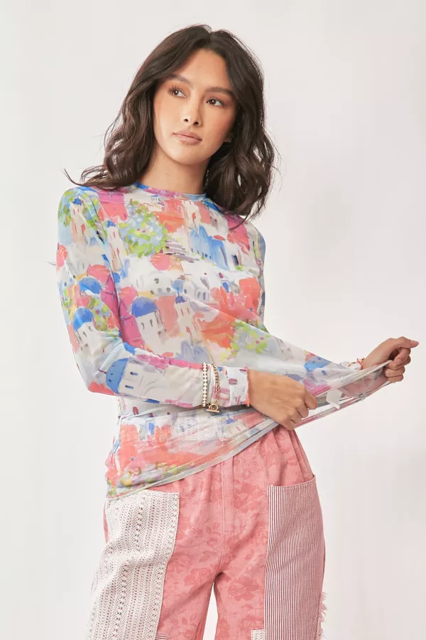 Multi Printed Mesh Round Neck Long Sleeve Top - Davi & Dani