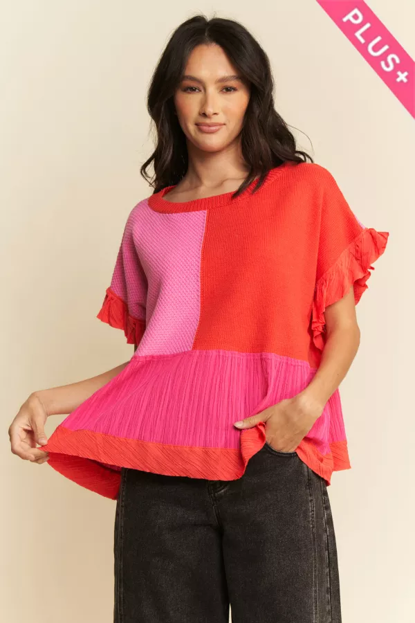 Plus Sweater Mix Patchwork Textured Ruffle Top - Davi & Dani