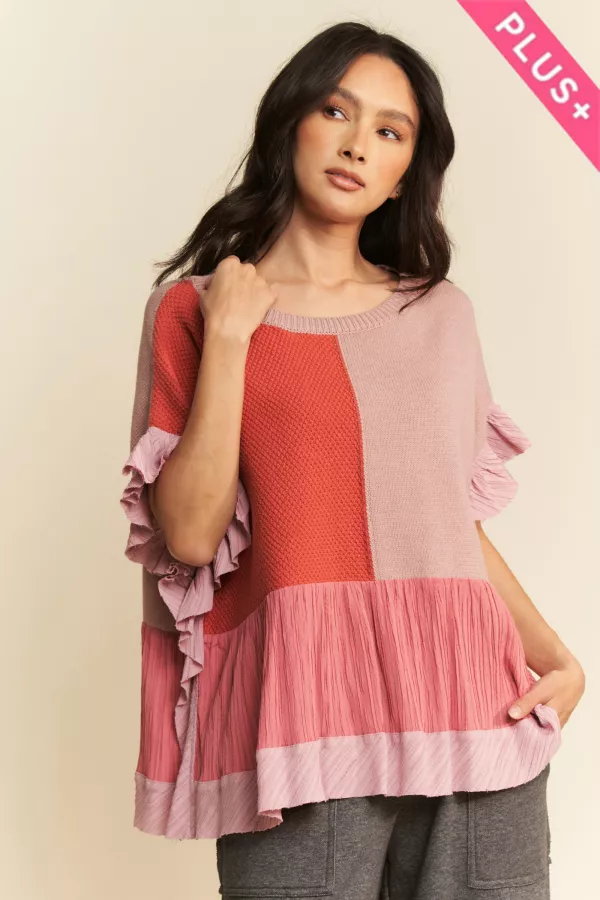 Plus Sweater Mix Patchwork Textured Ruffle Top - Davi & Dani