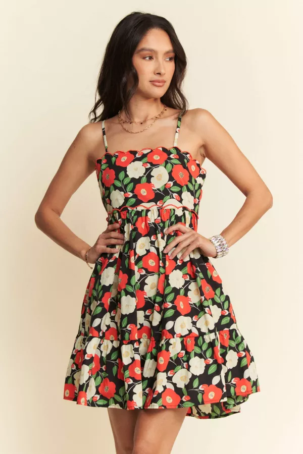 Retro Floral Scalloped Cut-Out Back Mini Sundress - Davi & Dani