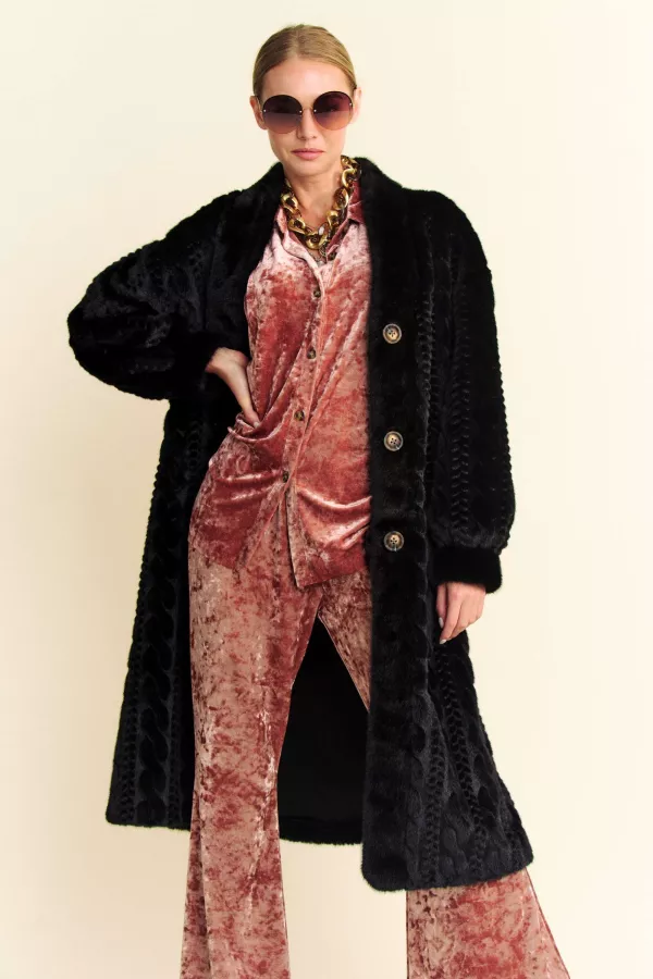 Single Breasted Fuzzy Fur Rib Pattern Long Coat - Davi & Dani