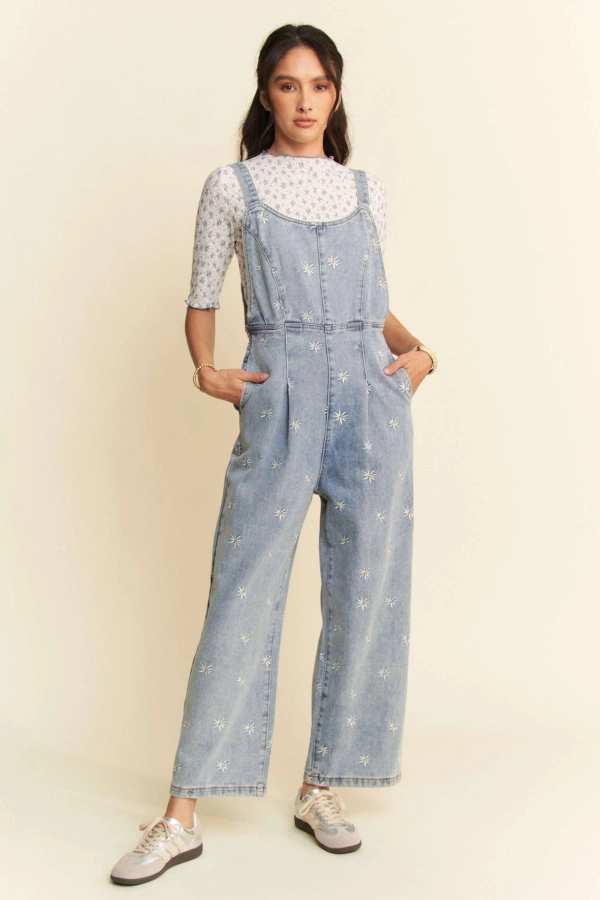 Daisy Embroidered Side Pocket Denim Overalls - Davi & Dani