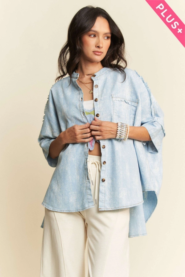 Plus Washed Denim Stand Collar Fringe Hem Shirt - Davi & Dani