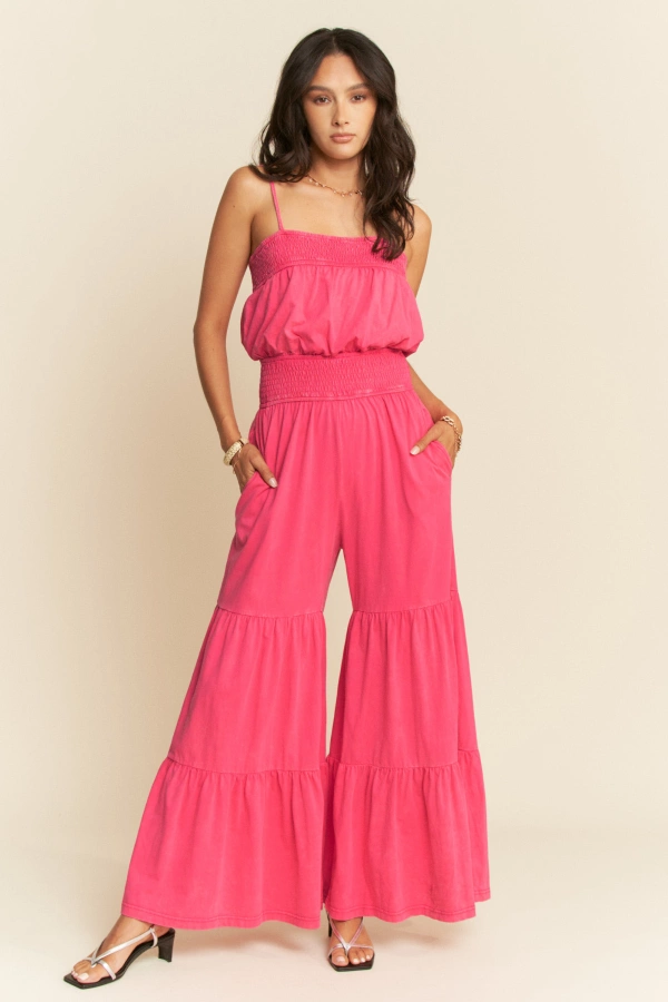 Mineral Washed Soft Knit Wide Leg Tiered Jumpsuit - Davi & Dani