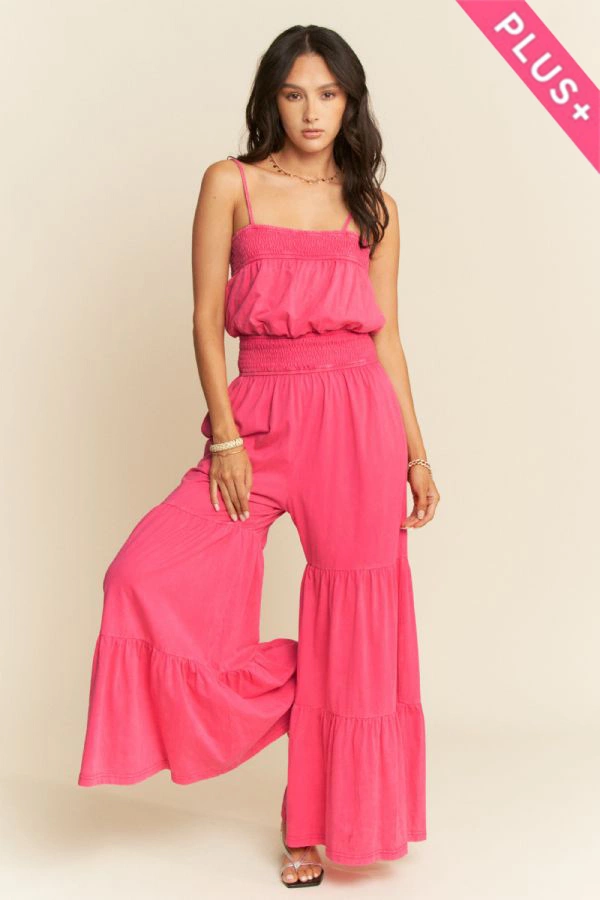 Plus Mineral Washed Knit Wide Leg Tiered Jumpsuit - Davi & Dani