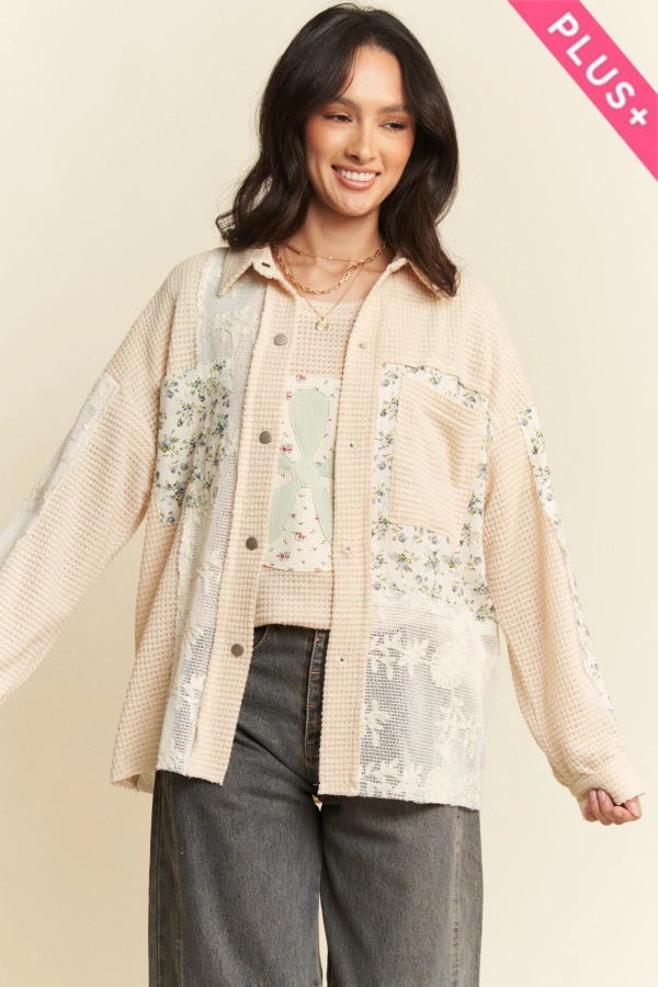 Plus Multi Fabric Thermal Lace Clean Hem Shacket - Davi & Dani