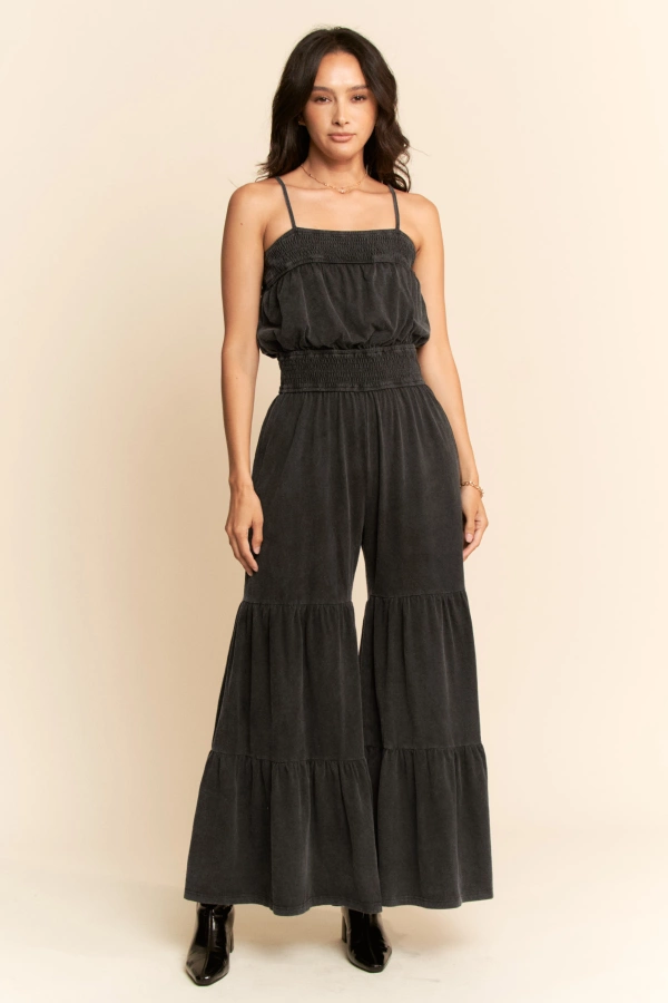 Mineral Washed Soft Knit Wide Leg Tiered Jumpsuit - Davi & Dani