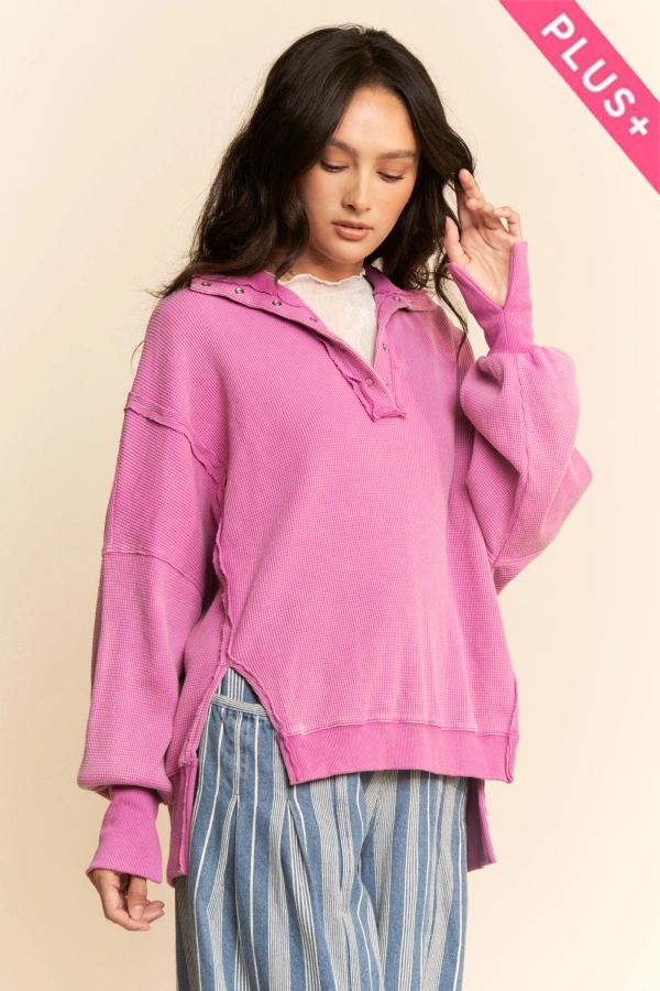 Plus Garment Washed Heavy Button Henley Top - Davi & Dani