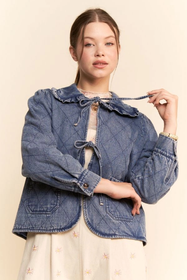 Washed Quilted Denim Ruffle Collar Jacket - Davi & Dani