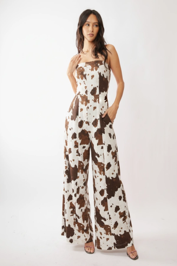 Cow Print Strapless Wide Leg Jumpsuit - Davi & Dani